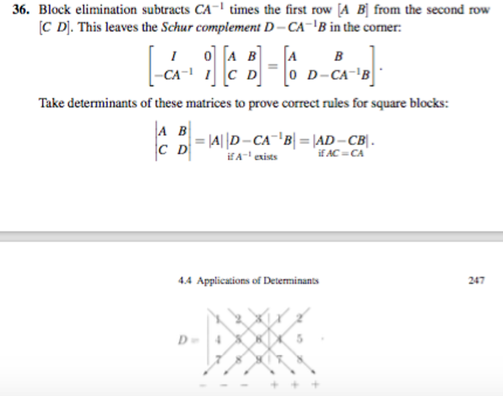 Solved Block elimination subtracts CA^-1 times the first row | Chegg.com