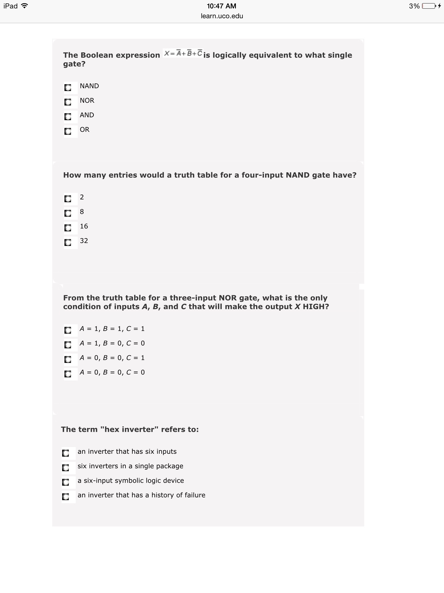 Solved The Boolean expression x = A + B + C is logically | Chegg.com