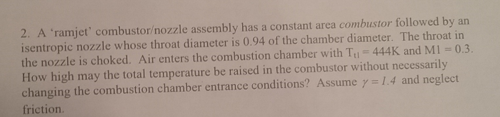 Solved A 'ramjet' combustor/nozzle assembly has a constant | Chegg.com