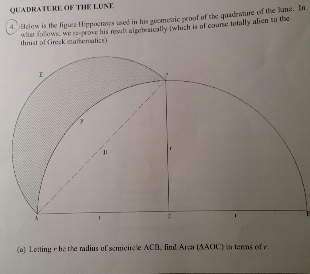 Solved QUADRATURE OF THE LUNE the lune. In 4. Below is the | Chegg.com