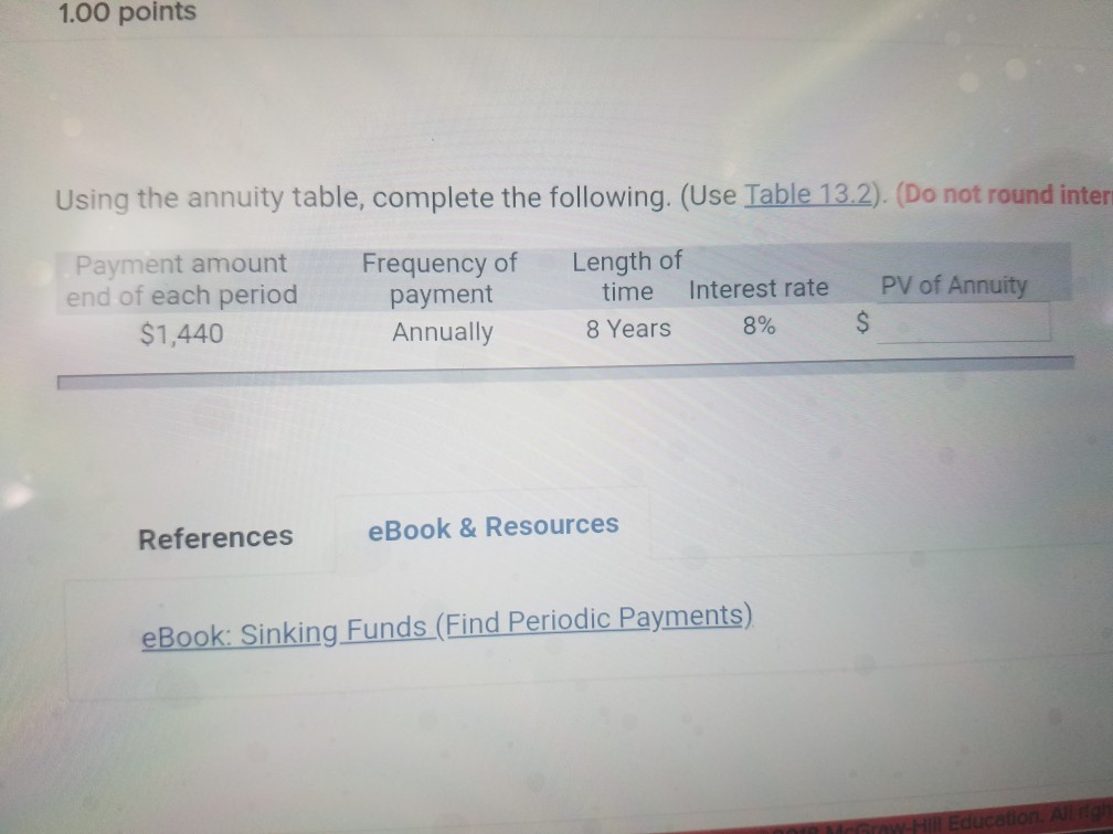 Solved 1.00 points Using the annuity table, complete the | Chegg.com