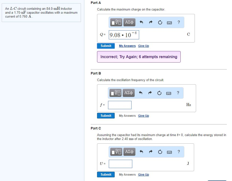 Solved Part A An L C Circuit Containing An 84 0 Mh Inductor