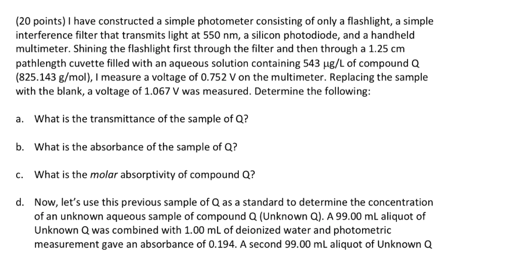 Solved (20 points)I have constructed a simple photometer | Chegg.com