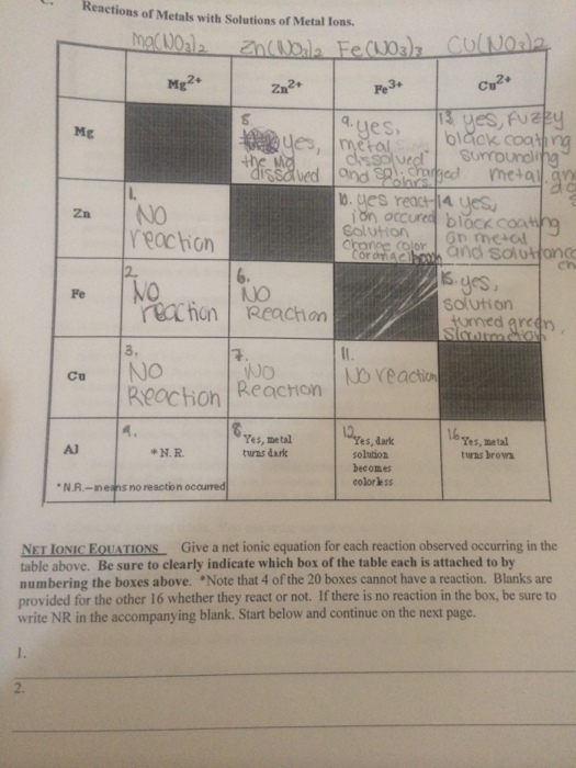 Solved Reactions of Metals with Solutions of Metal Ions. | Chegg.com