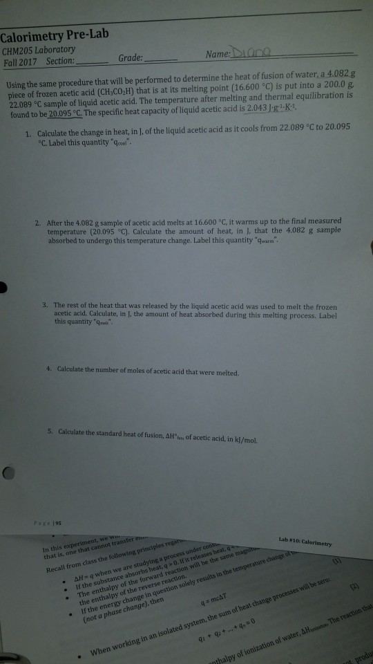 Solved Calorimetry Pre-Lab CHM205 Laboratory Fall 2017 | Chegg.com