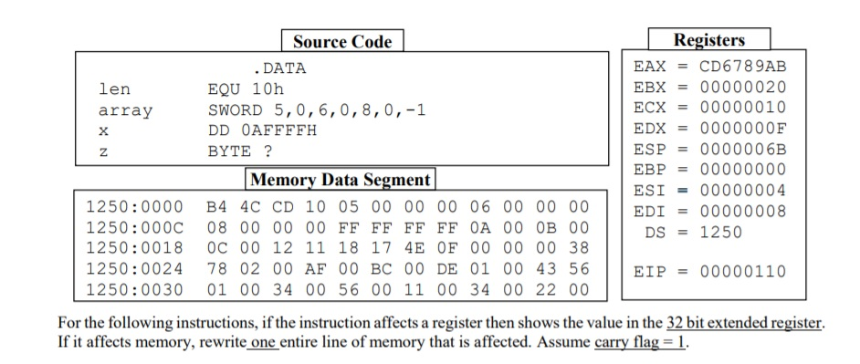 Registers EAX CD6789AB EBX 00000020 ECX 00000010 EDX | Chegg.com