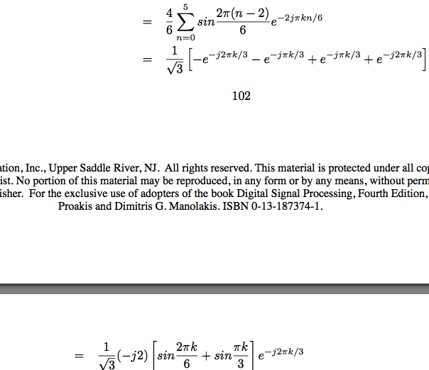 Solved = 4/6 sigma ^5_n = 0 sin 2 pi(n - 2)/6 e^-2 j pi kn/6 | Chegg.com