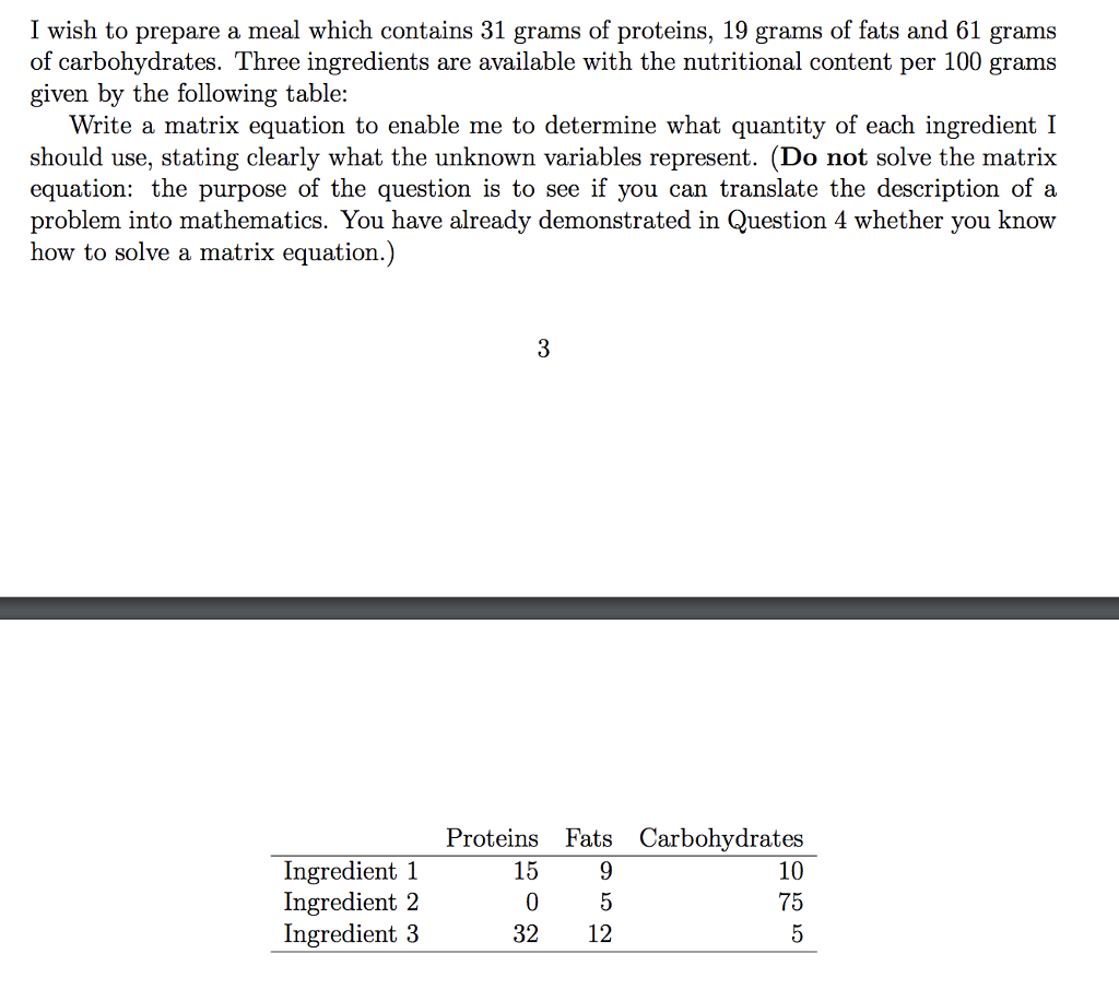 Solved I wish to prepare a meal which contains 31 grams of | Chegg.com