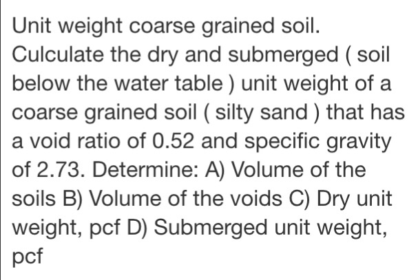 Solved Unit weight coarse grained soil. Calculate the dry | Chegg.com