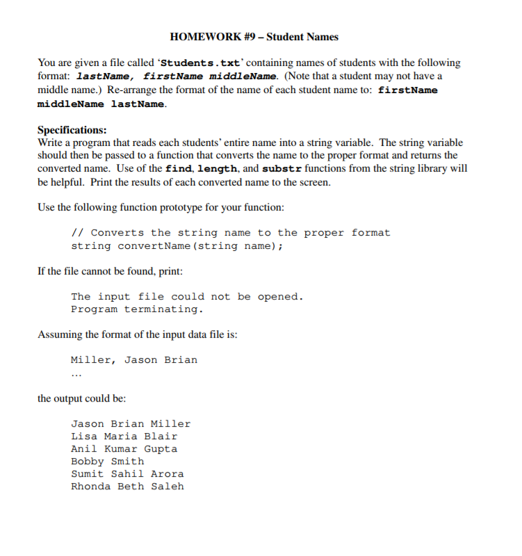 Solved HOMEWORK #9-Student Names You are given a file called | Chegg.com