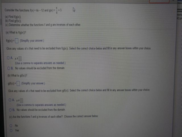 Solved Consider the functions f(x)=4x -12 and g(x) - x/4 + 3 | Chegg.com