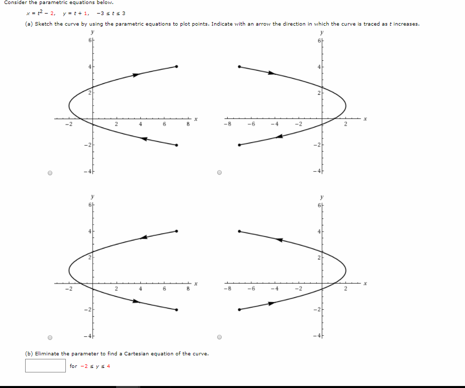 Solved Consider the parametric equations below. x=t2-2, y=t+ | Chegg.com