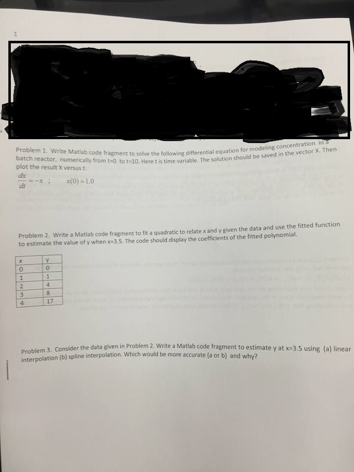 Problem 1. Write Matlab code fragment to solve the | Chegg.com