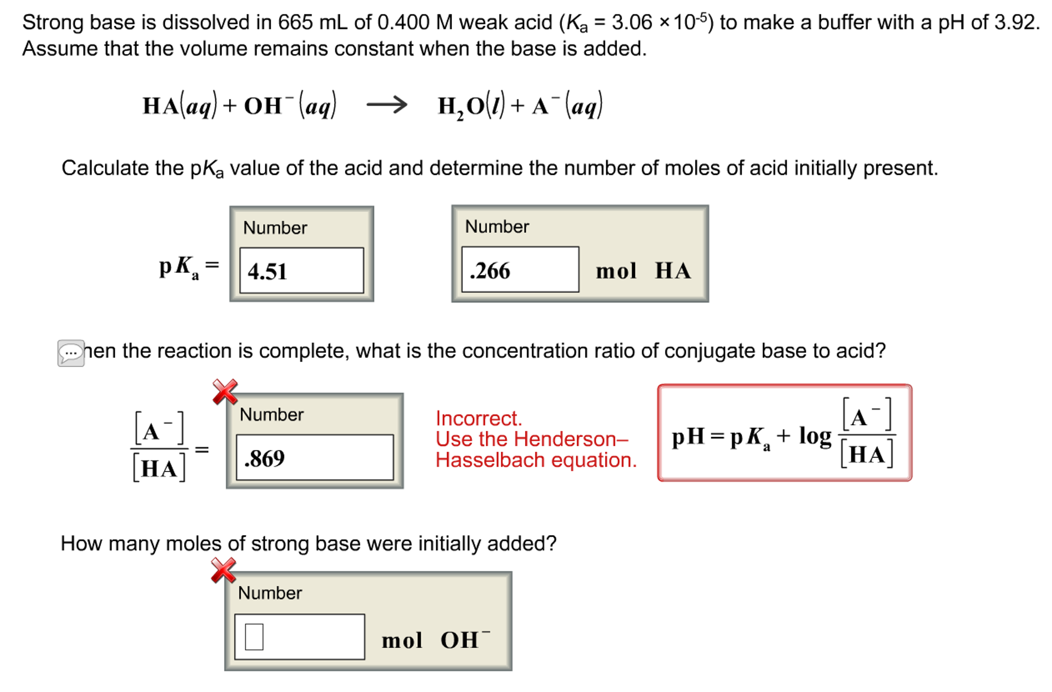 Solved Strong base is dissolved in 665 mL of 0.400 M weak | Chegg.com