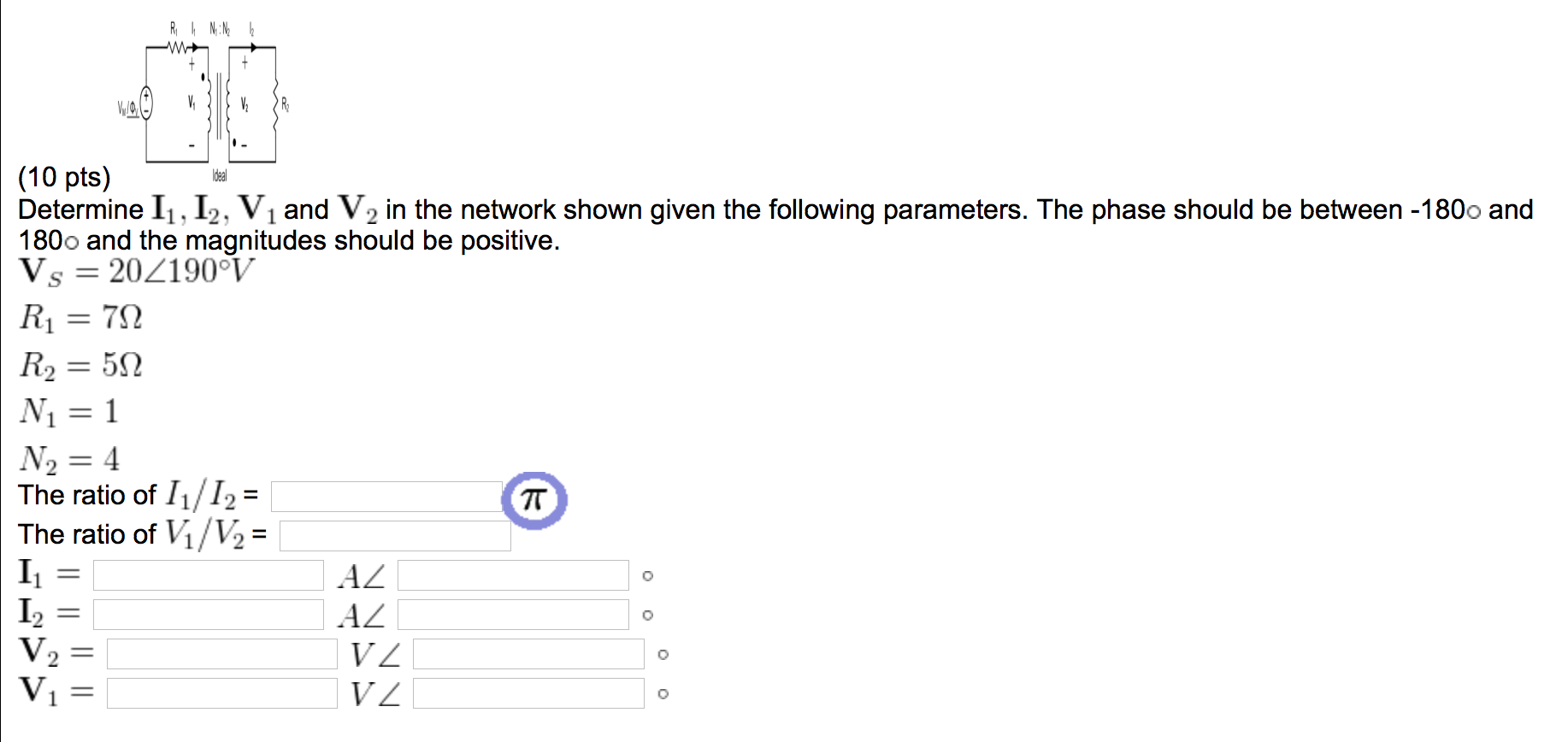 Solved (10 pts) Determine I1, I2, Vi and V2 in the network | Chegg.com