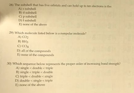 Solved 28) The subshell that has five orbitals and can hold | Chegg.com