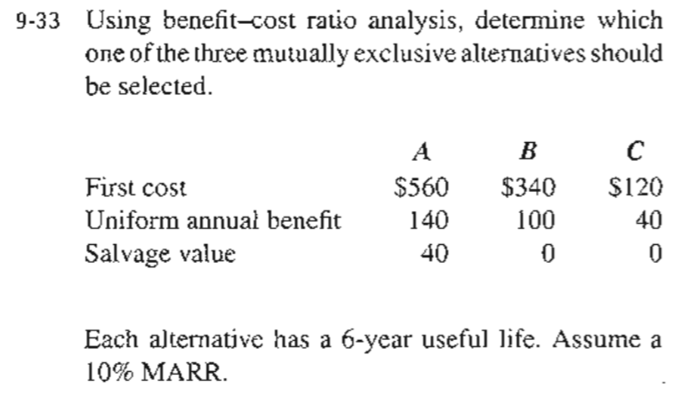 Solved 9-33 Using benefit-cost ratio analysis, determine | Chegg.com