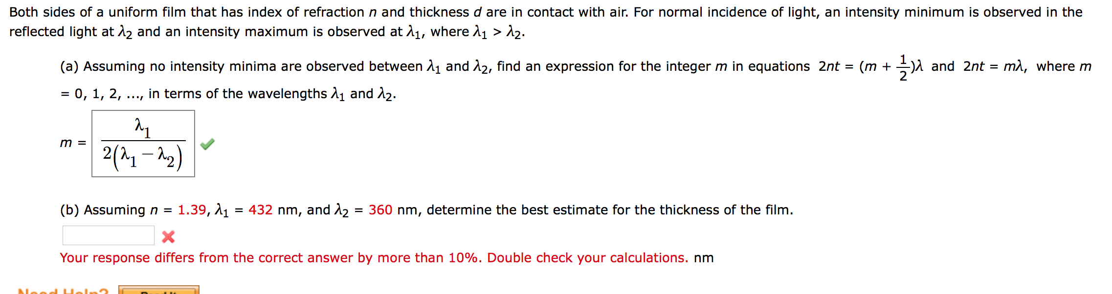 Solved Both sides of a uniform film that has index of | Chegg.com