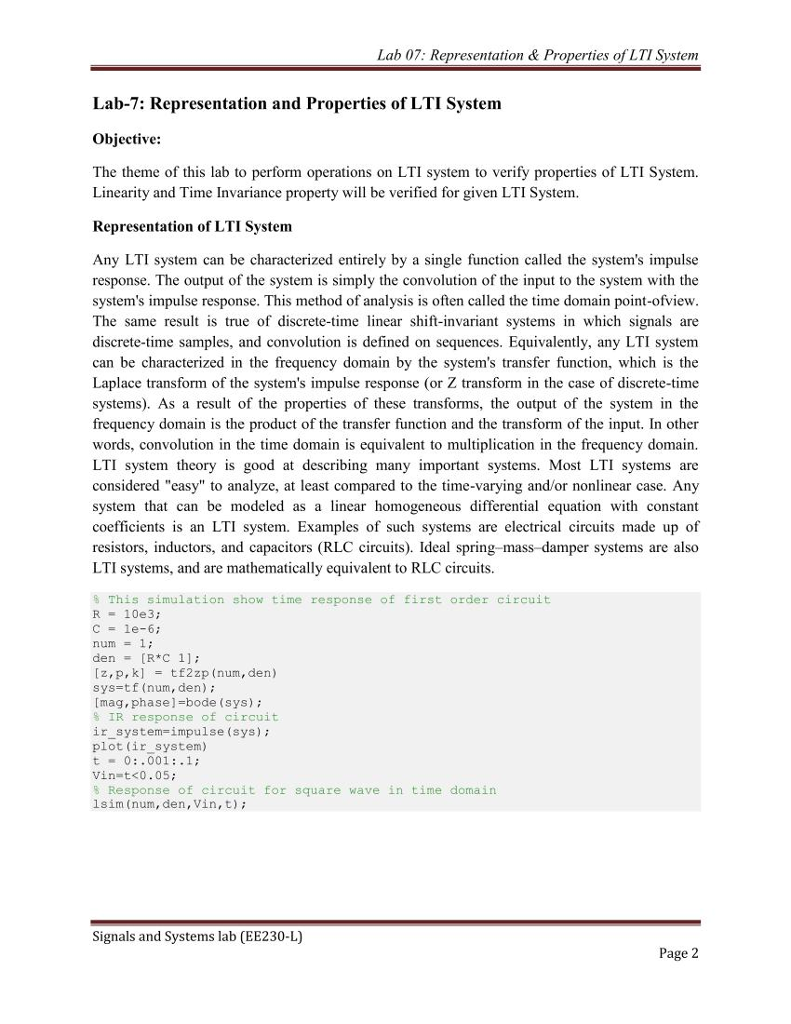 Solved Lab 07: Representation & Properties of LTI System | Chegg.com