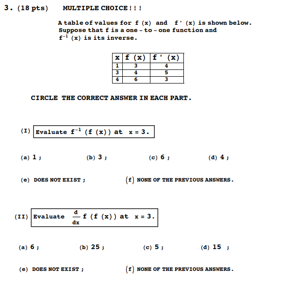 Solved 3. (18 pts MULTIPLE CHOICE!!! A table of values for f | Chegg.com