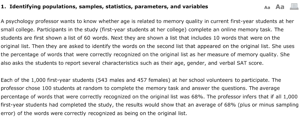 Solved 1. Identifying populations, samples, statistics, | Chegg.com
