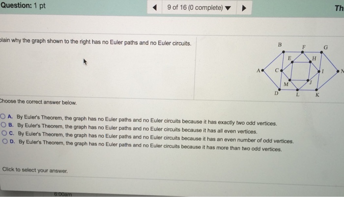 Solved Explain why the graph shown to the right has no Euler | Chegg.com