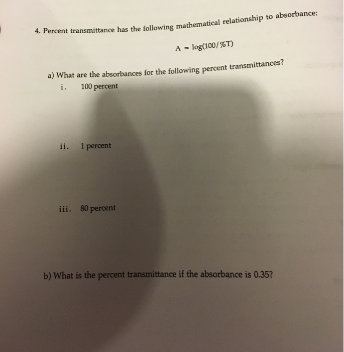 Solved Percent transmittance has the following mathematical | Chegg.com
