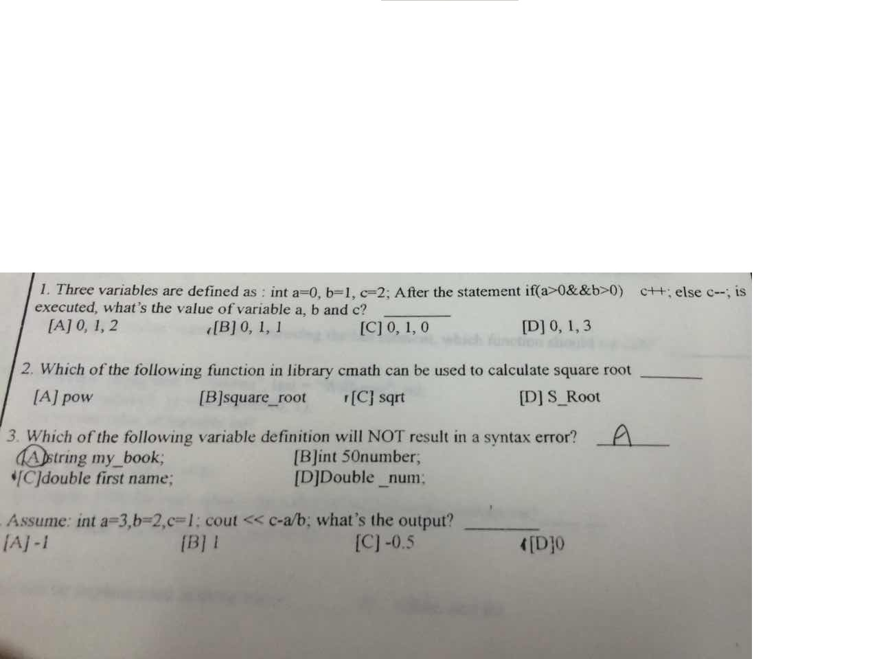 Solved Three variables are defined as int a=0, b 1, c=2; | Chegg.com