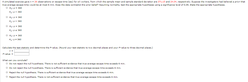 Solved A simulated exercise gave n-26 observations on escape | Chegg.com