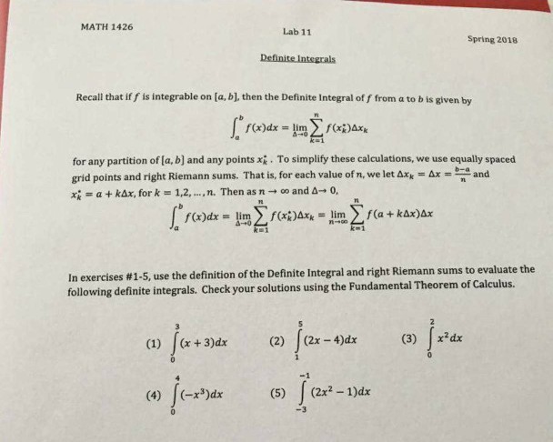 Solved MATH 1426 Lab 11 Spring 2018 Definite Integrals | Chegg.com