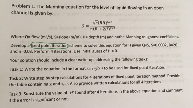 Solved The Manning equation for the level of liquid flowing | Chegg.com