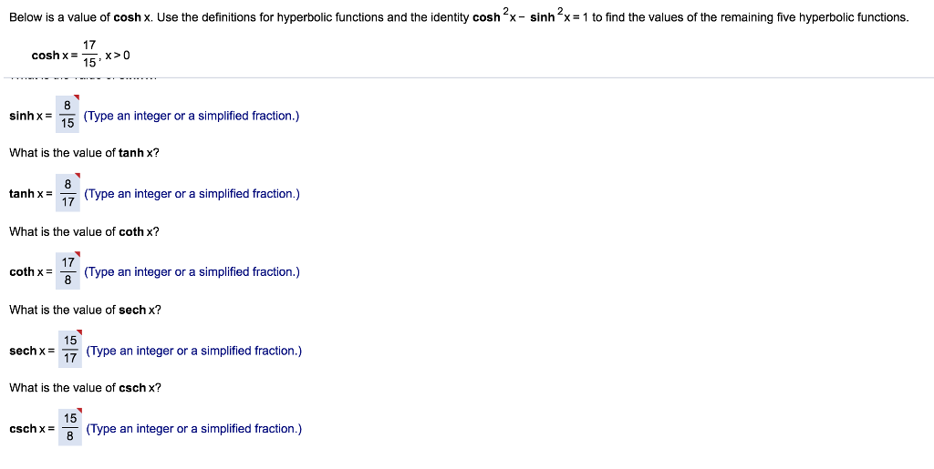 Solved Below is a value of cosh x Use he definitions or | Chegg.com