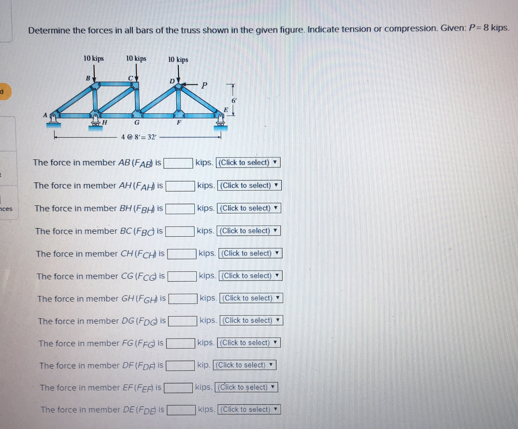 Solved Determine the forces in all bars of the truss shown | Chegg.com