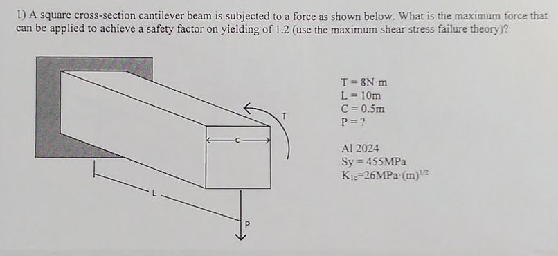 Solved 1) A square cross-section cantilever beam is | Chegg.com