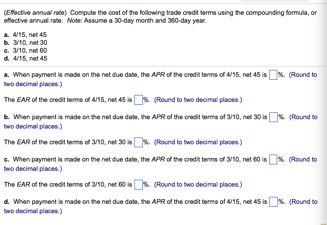 Solved Compute the cost of the following trade credit terms | Chegg.com
