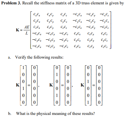 Solved Recall the stiffness matrix of a 3D truss element is | Chegg.com