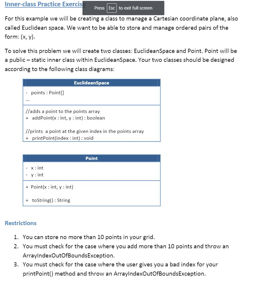 Solved Inner-class Practice Exercise For this example we | Chegg.com