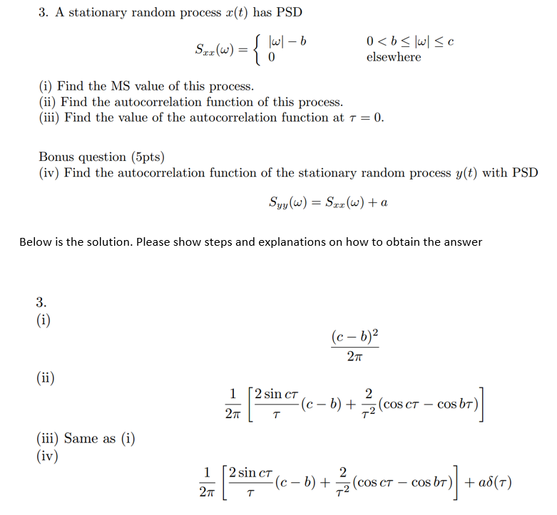 Solved 3. A stationary random process x(t) has PSD 0 | Chegg.com
