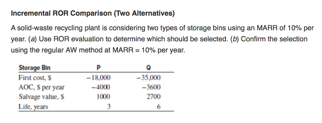 Incremental ROR Comparison (Two Alternatives) A | Chegg.com