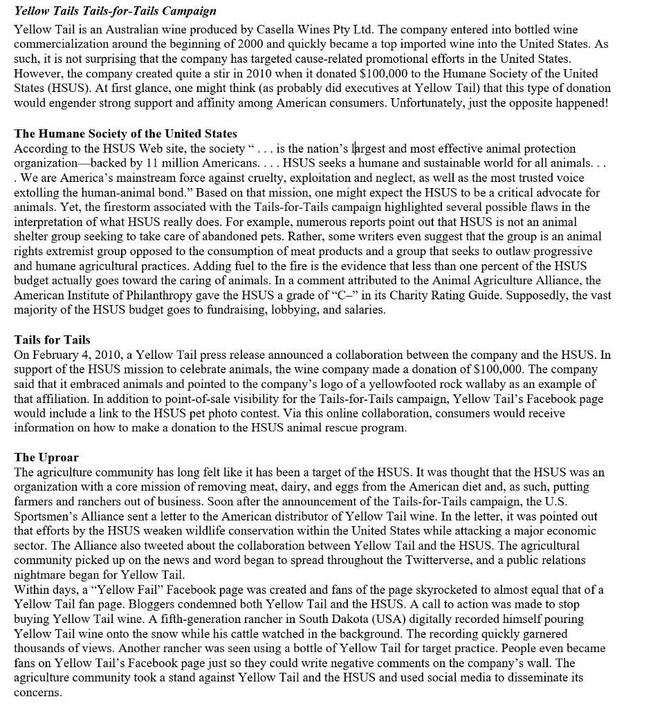 Solved Yellow Tails Tails-for-Tails Campaign Yellow Tail is | Chegg.com