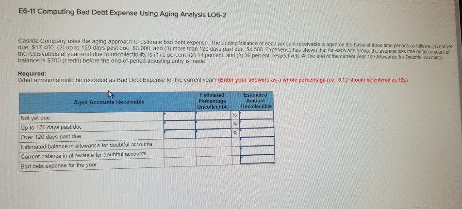 Solved E6-11 Computing Bad Debt Expense Using Aging Analysis | Chegg.com