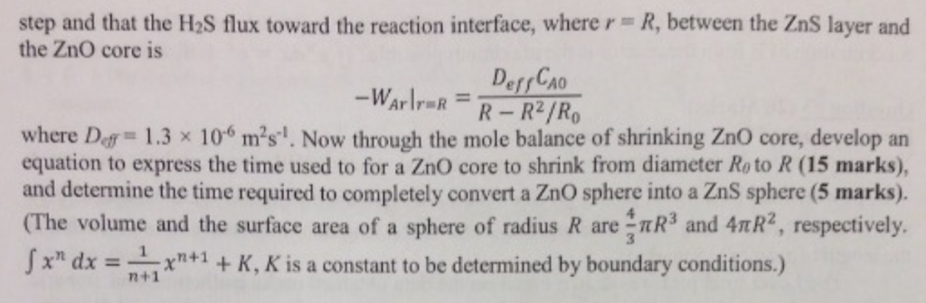 Solved Shrinking core model for removal reaction. Zinc oxide | Chegg.com