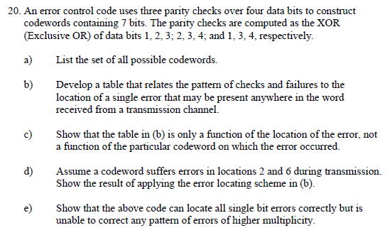 20. An error control code uses three parity checks | Chegg.com