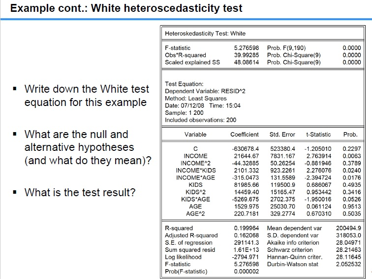 Solved Example cont.: White heteroscedasticity test | Chegg.com