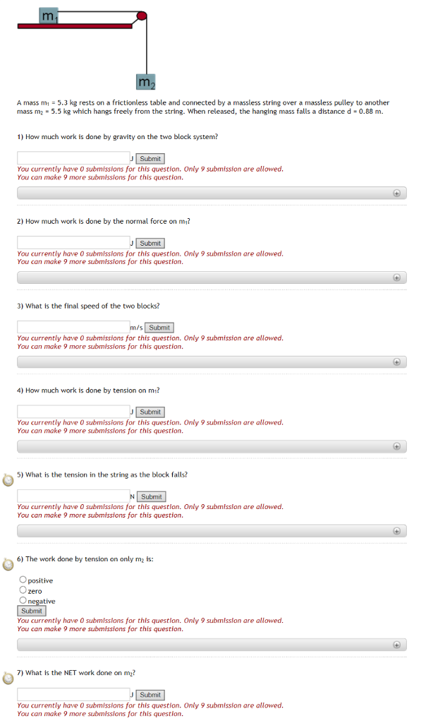 Solved A mass m1 = 5.3 kg rests on a frictionless table and | Chegg.com
