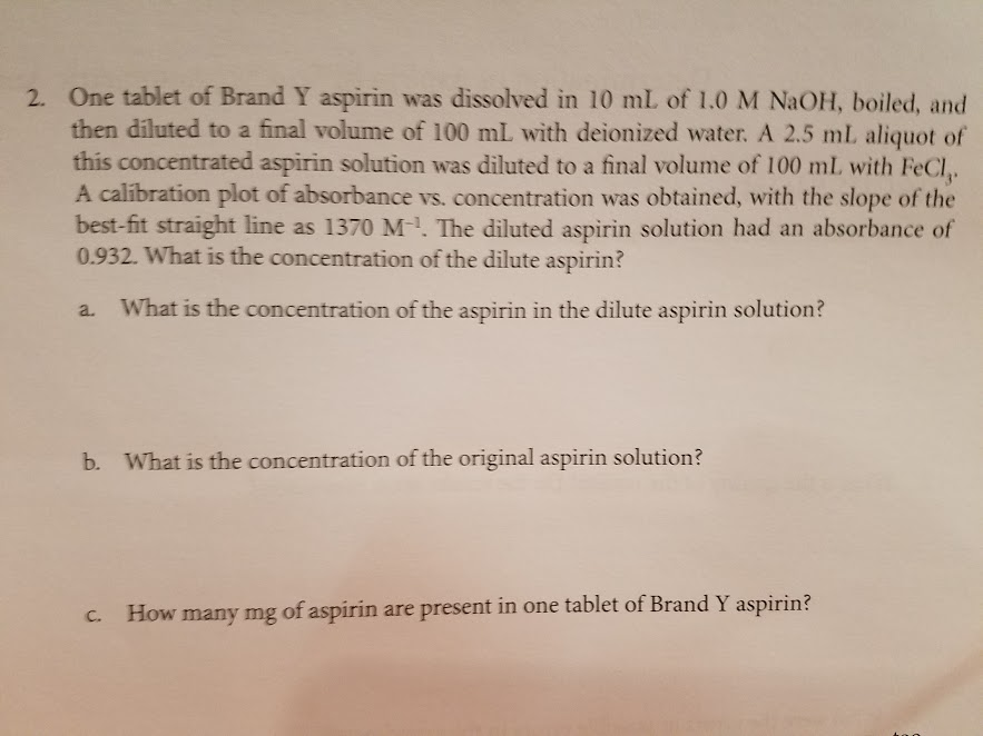 Solved One tablet of Brand Y aspirin was dissolved in 10 mL | Chegg.com