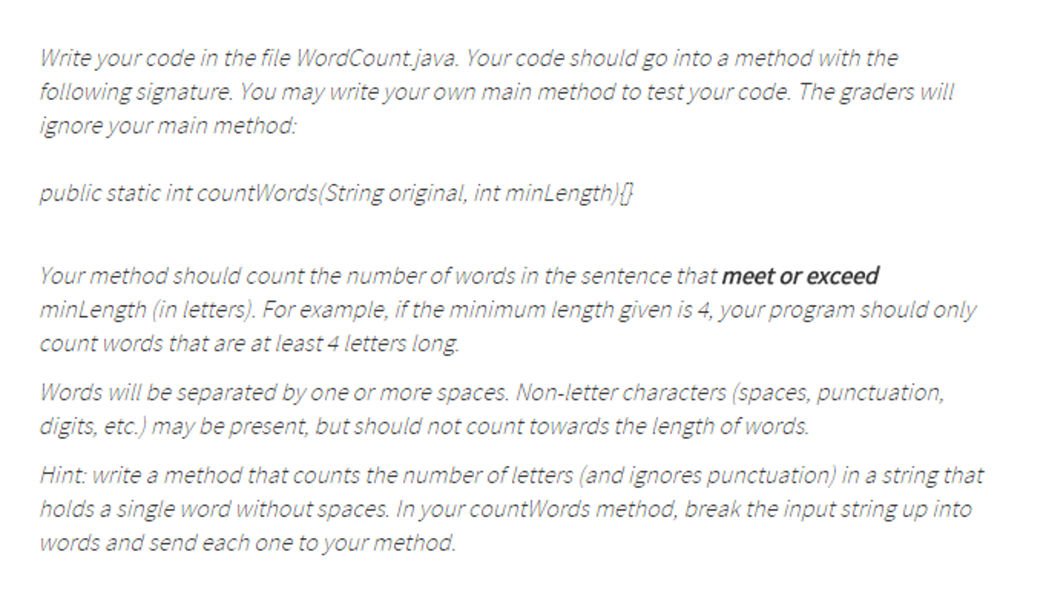 Solved Write your code in the file WordCountjava. Your code | Chegg.com