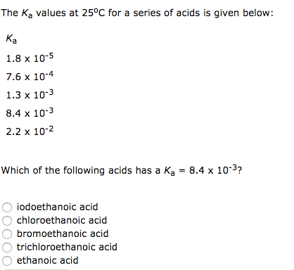Solved The Ka values at 25°C for a series of acids is given | Chegg.com