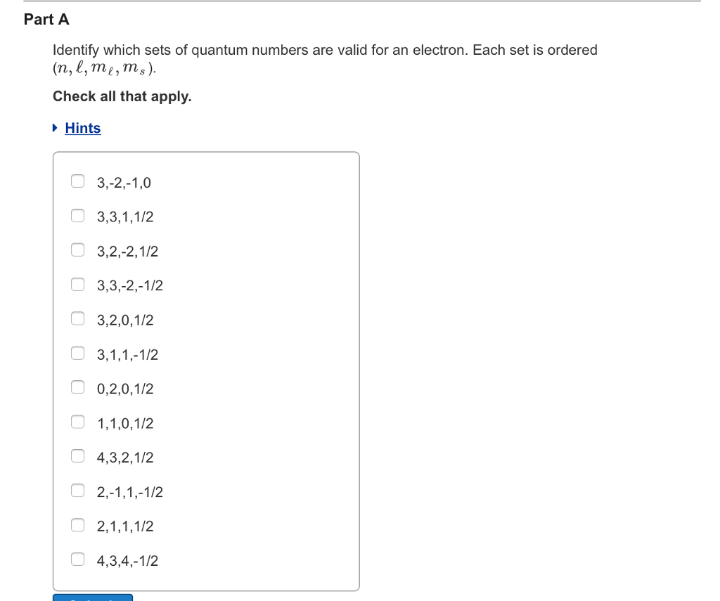 Solved Part A Identify which sets of quantum numbers are | Chegg.com