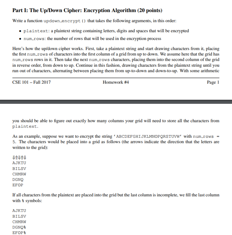 Solved Part I The Updown Cipher Encryption Algorithm 20